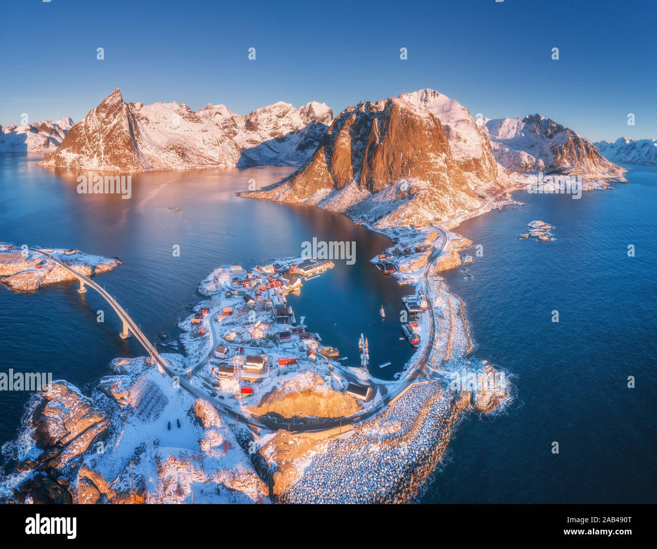 Aerial view of small islands, bridge over the sea and mountains Stock ...