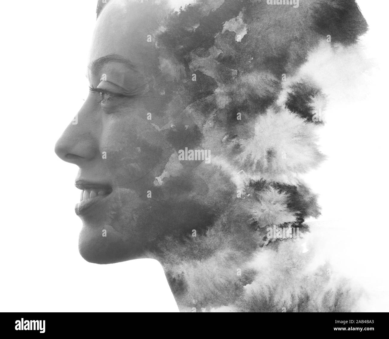 Paintography. Double exposure. Profile portrait photograph blends with ...