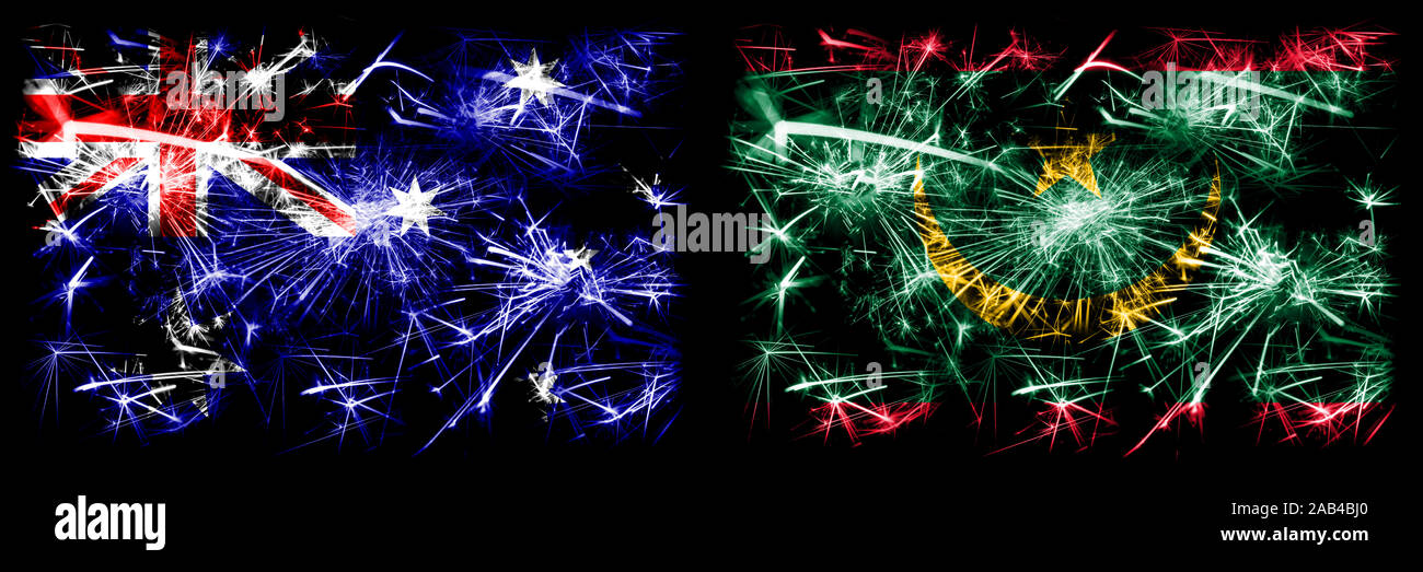 Australia, Ozzie vs Mauritania, Mauritanian New Year celebration sparkling fireworks flags ...