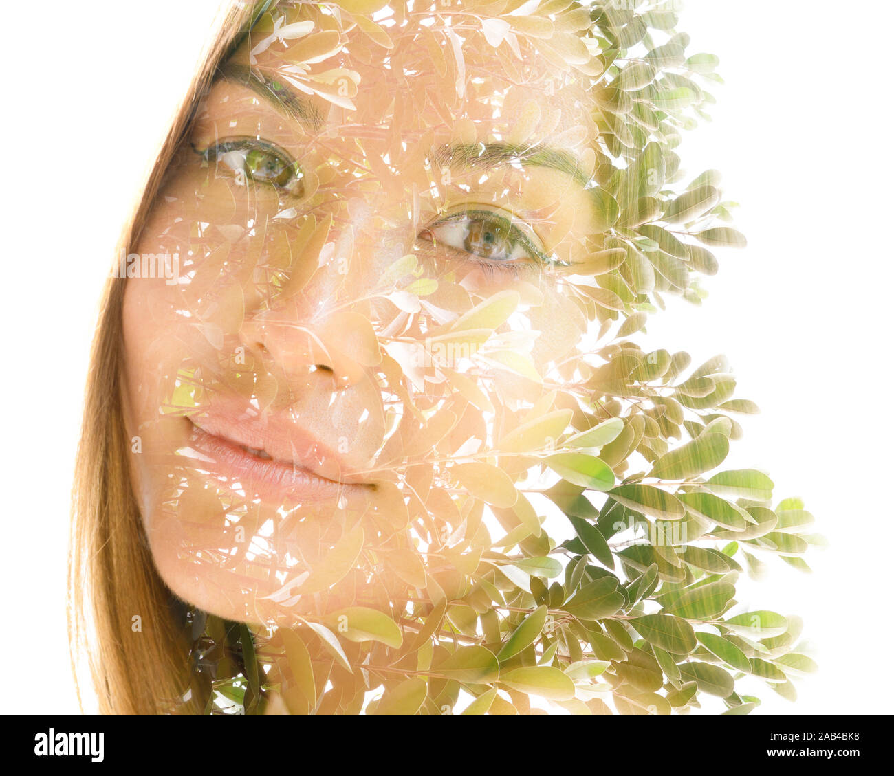 Double exposure portrait of a young, happy natural woman with long ...
