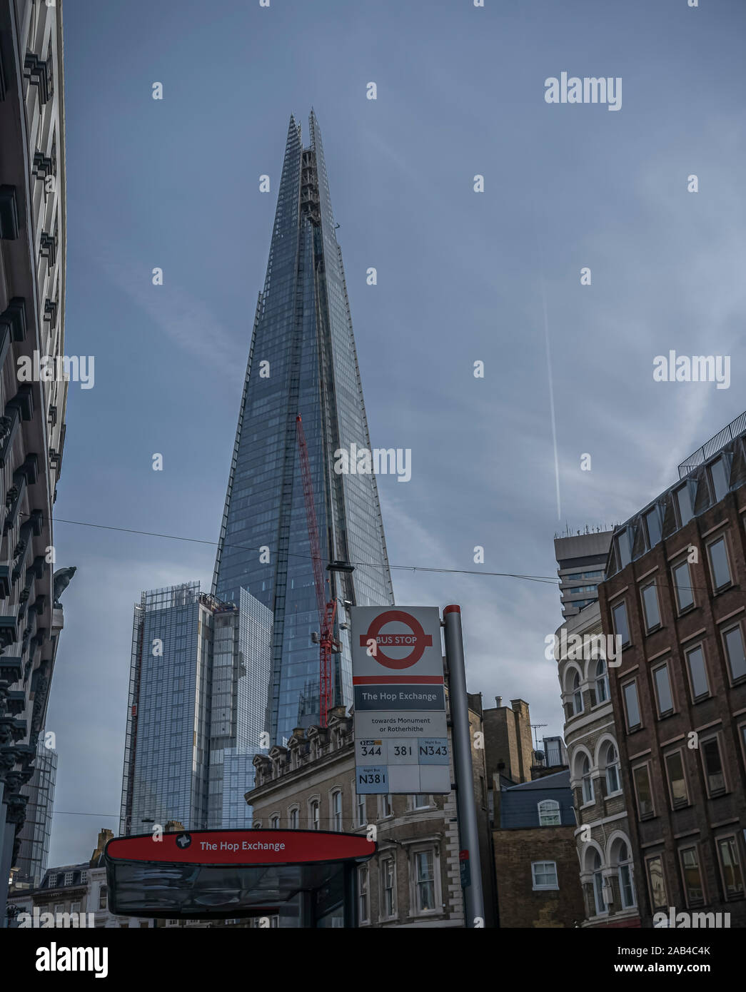 Bus stop looking towards The Shard in London Stock Photo - Alamy