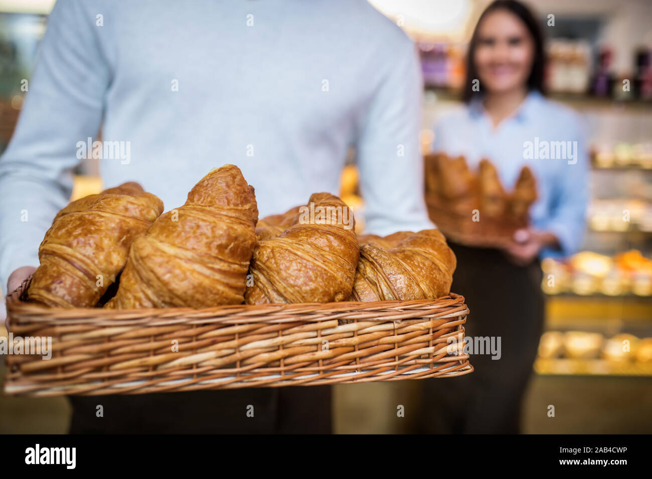 Close up of yummy just baked croissants lying in the box Stock Photo ...