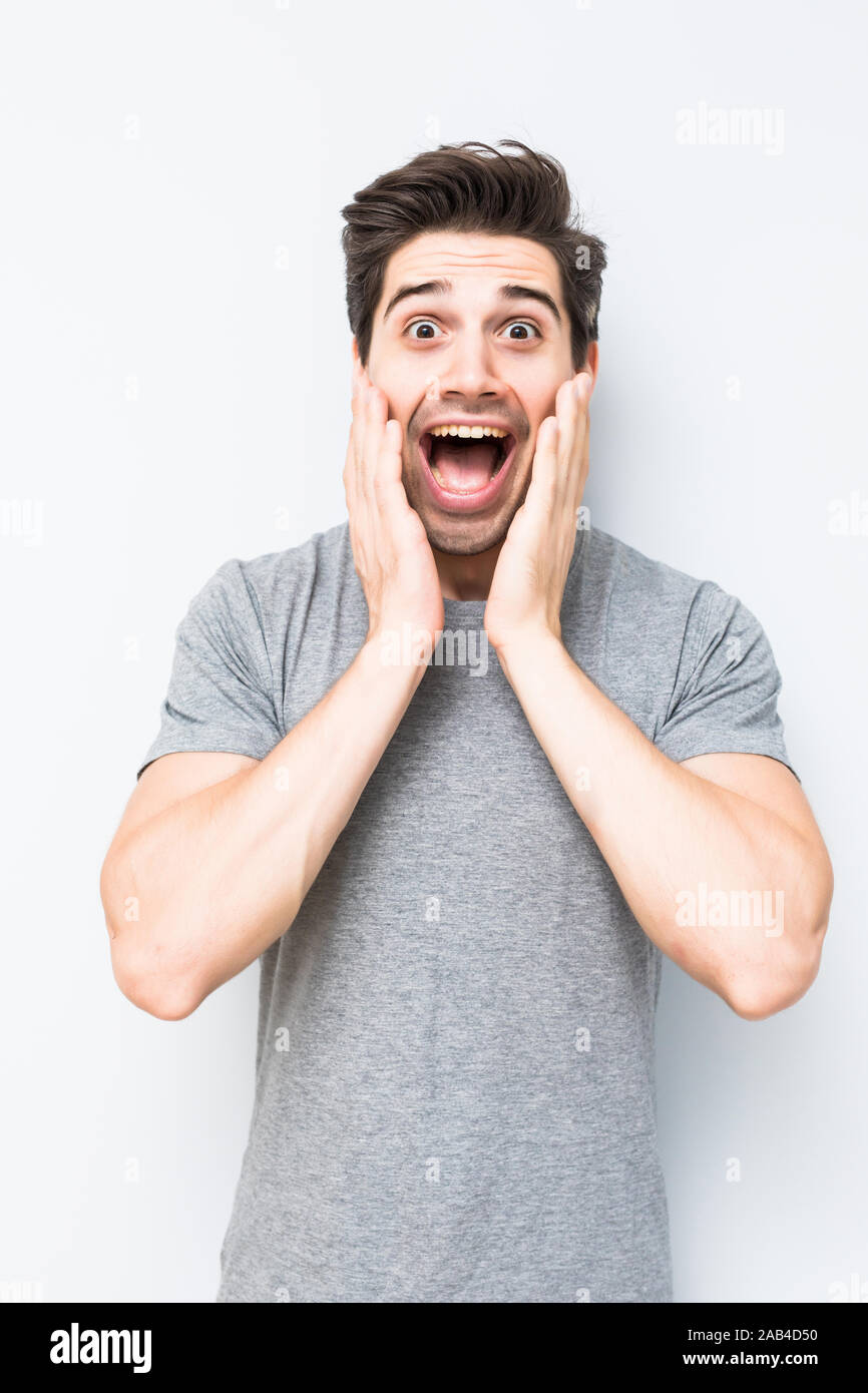 Closeup of a man screaming isolated on white background Stock Photo - Alamy