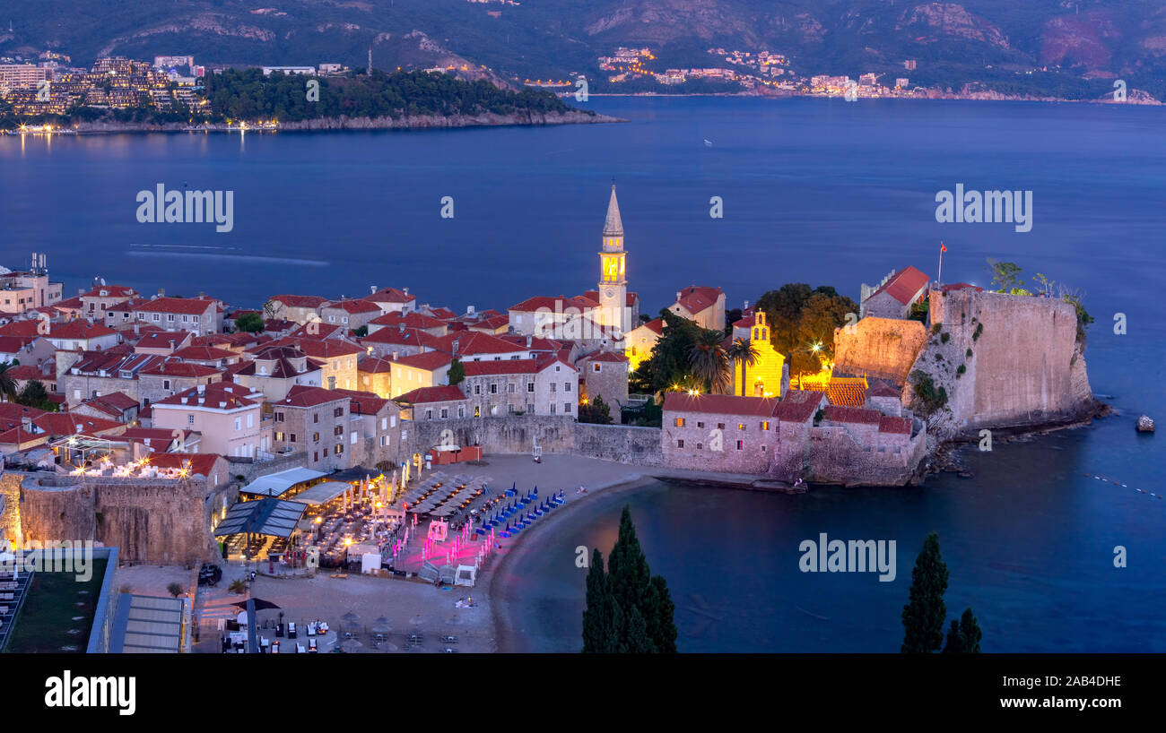 Panoramic night view of The Old Town of Montenegrin town Budva on the ...