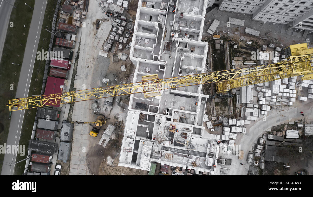 aerial top view of construction site. industrial machinery building new ...