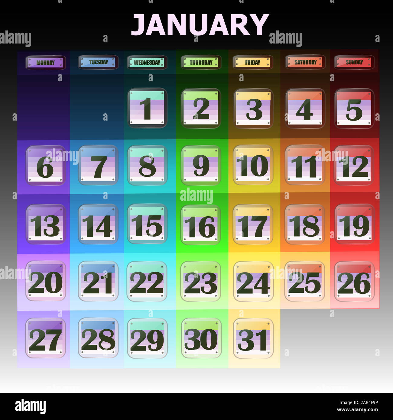 Colorful calendar for January 2020 in english. Set of buttons with ...