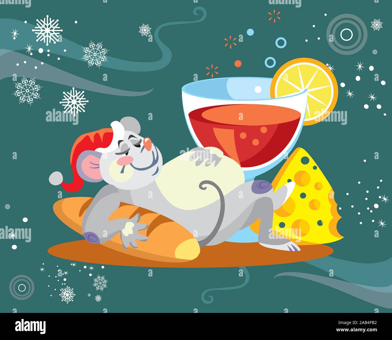 Vector illustration of cute overeat mouse character with glass of wine ...