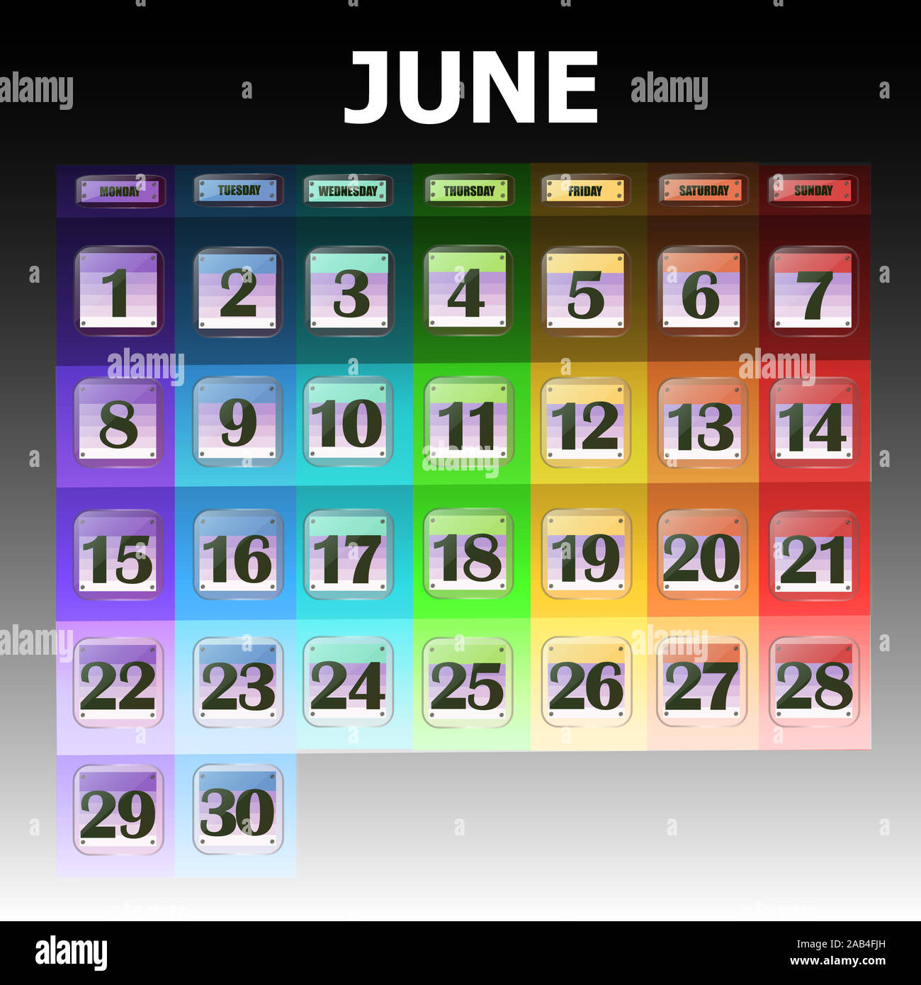 Colorful calendar for June 2020 in english. Set of buttons with ...
