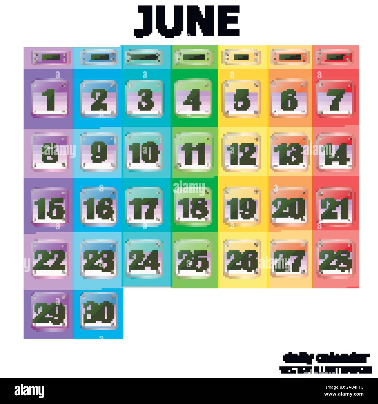 Colorful calendar for June 2020 in english. Set of buttons with ...
