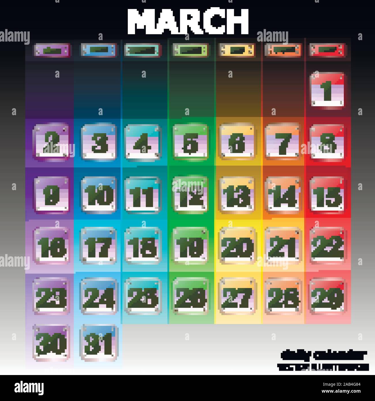 Colorful calendar for March 2020 in english. Set of buttons with ...