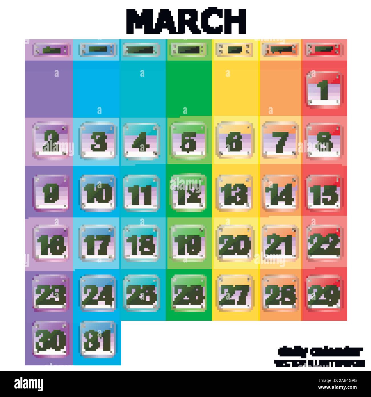 Colorful calendar for March 2020 in english. Set of buttons with ...