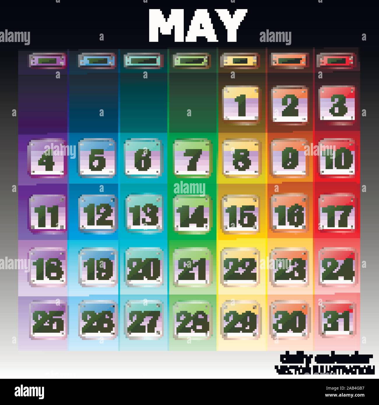 Colorful calendar for May 2020 in english. Set of buttons with calendar ...