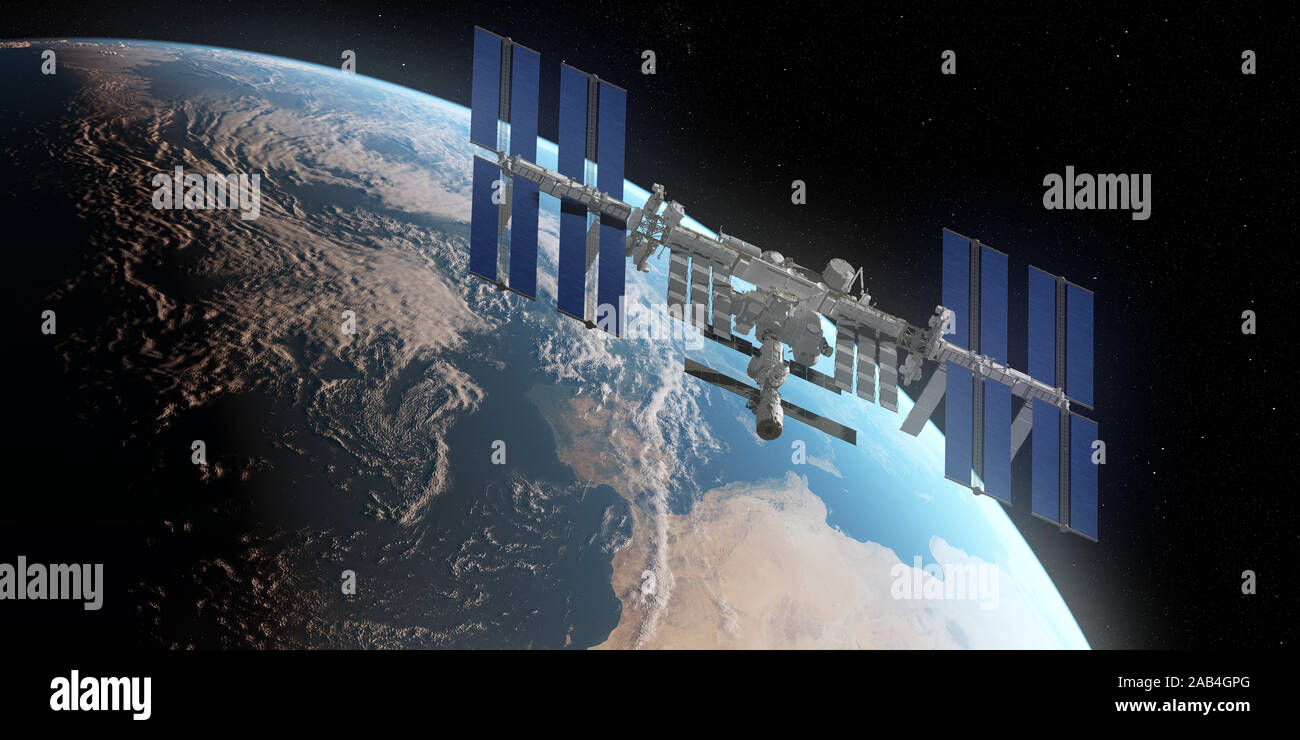 3d rendered illustration of the ISS infront of the earth Stock Photo ...