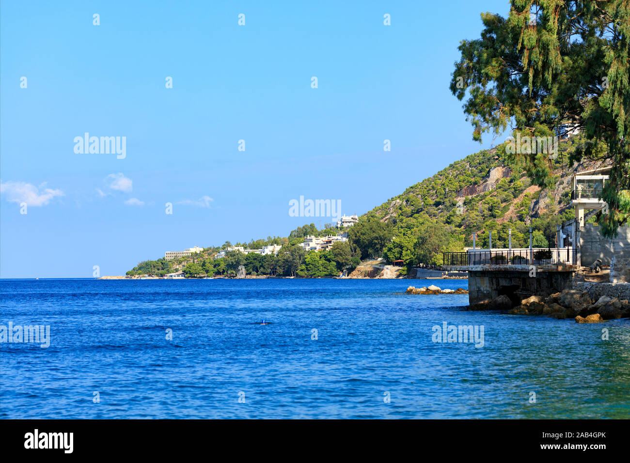 Beautiful views of the steep rocky slope of the Gulf of Corinth and the ...