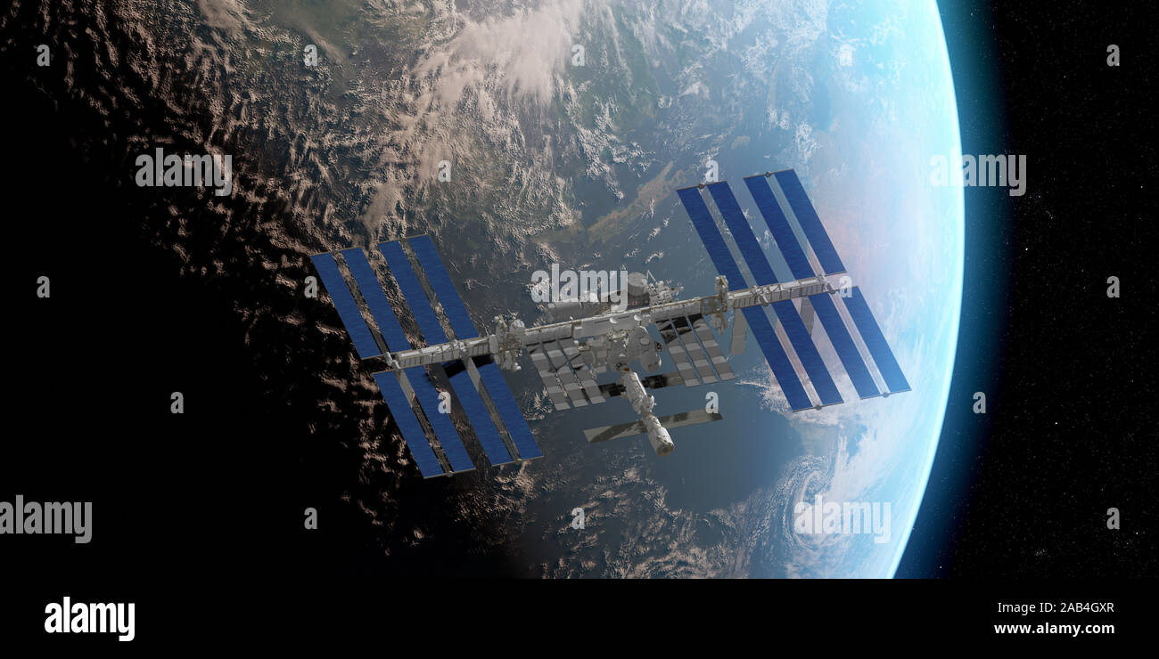 3d rendered illustration of the ISS infront of the earth Stock Photo ...
