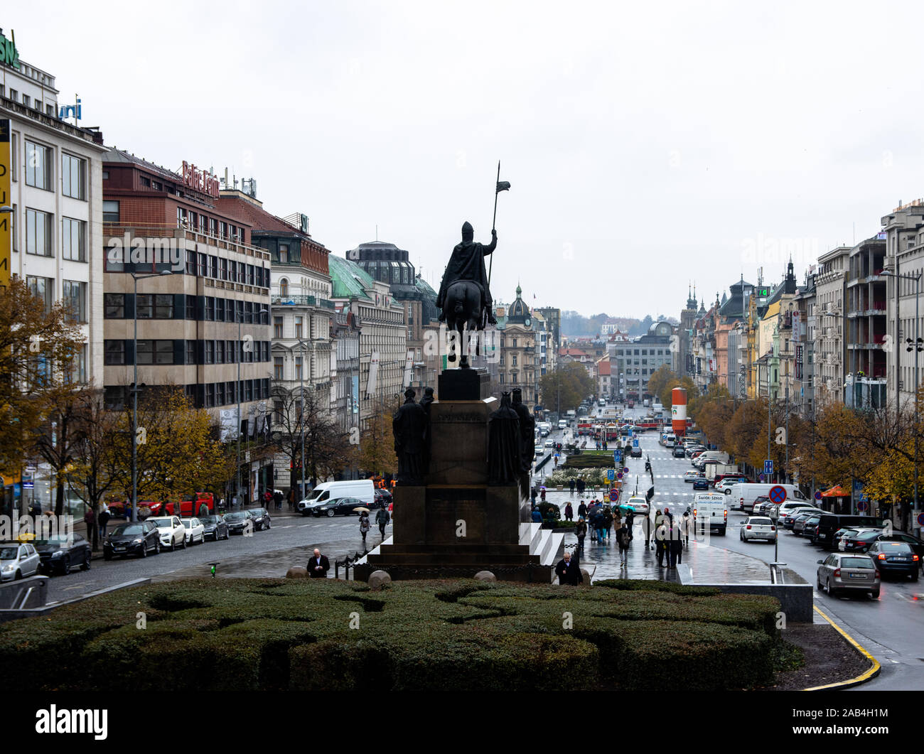 The statue of St Wenceslas in Wenceslas Square in Prague and a view of ...