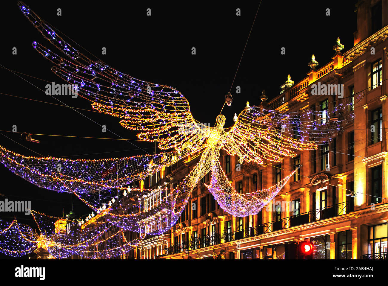 Angel Christmas lights flying above the shops and department stores of ...
