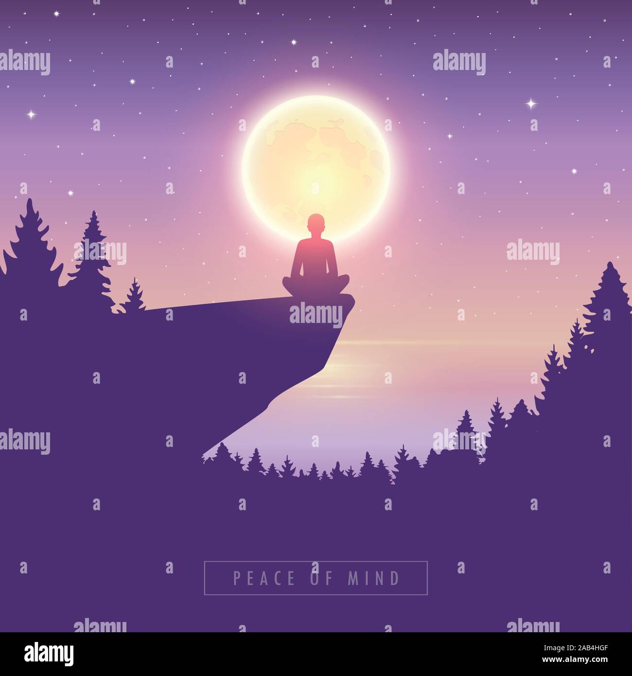 peace of mind person by the lake at full moon and starry sky vector ...
