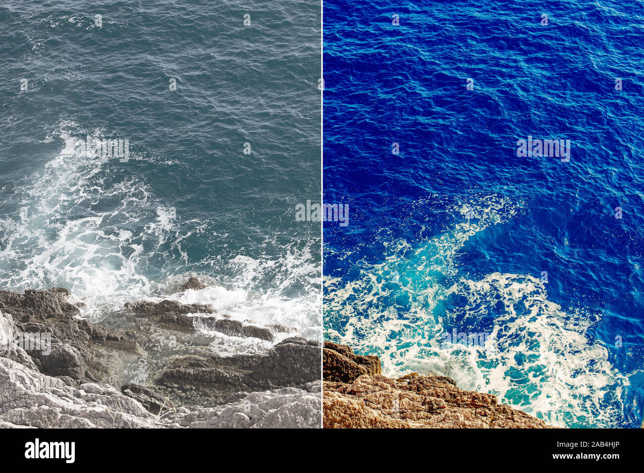 Photo before and after the image editing process. Coastline sea rocks ...