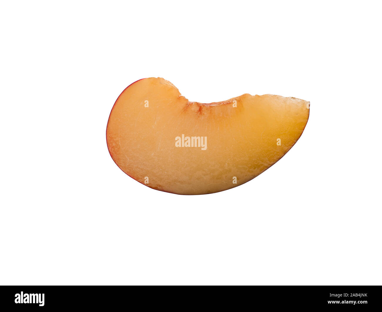 Slice of smooth-skinned, purple plum fruit without kernel isolated on ...