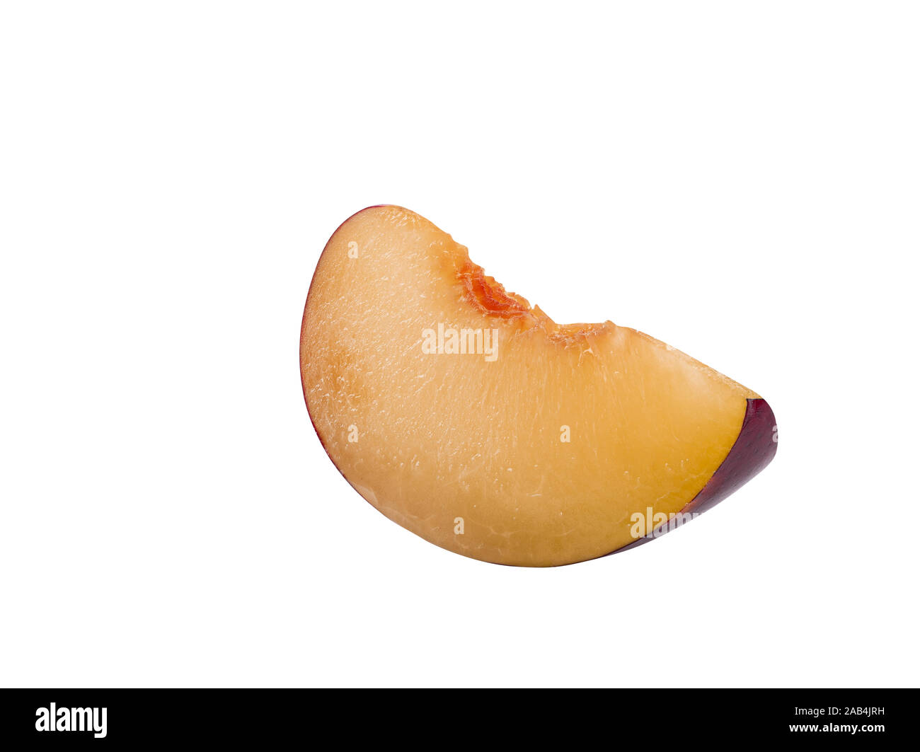 Slice of smooth-skinned, purple plum fruit without kernel isolated on ...