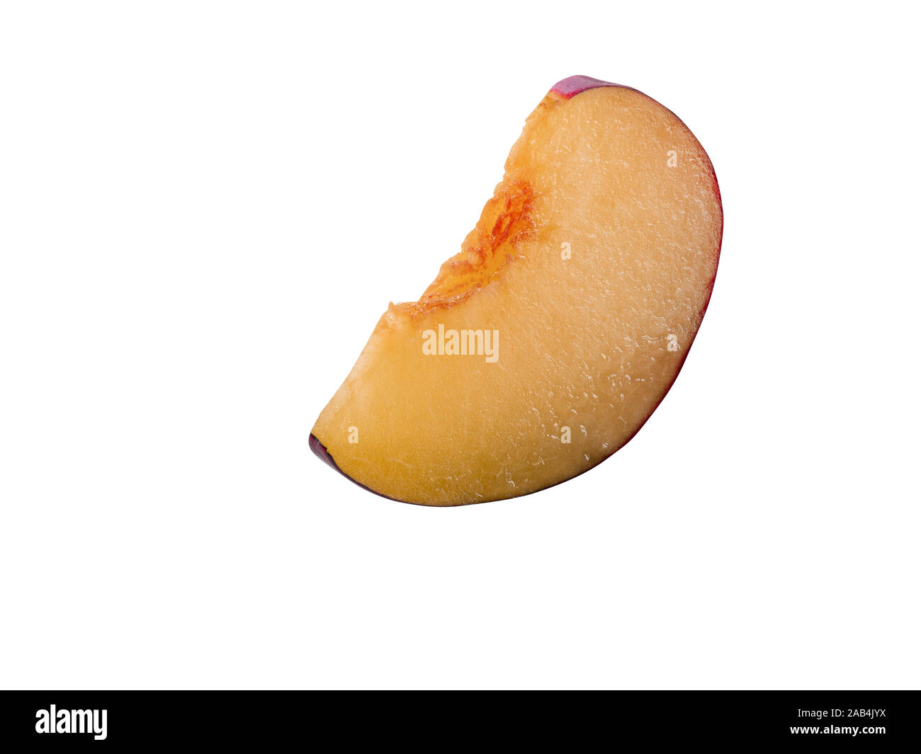 Slice of smooth-skinned, purple plum fruit without kernel isolated on ...