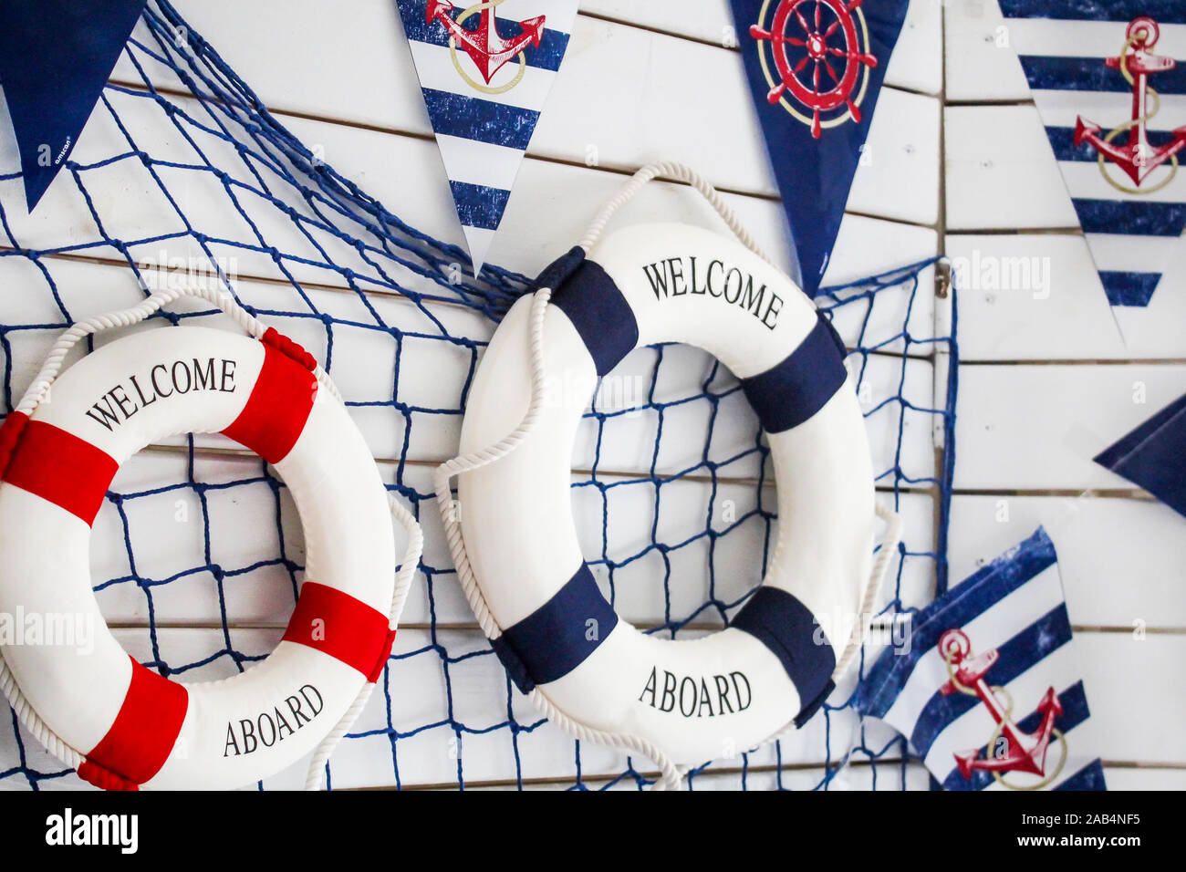 Scenery sea, marine theme. White wooden board with lifebuoys, fishing ...