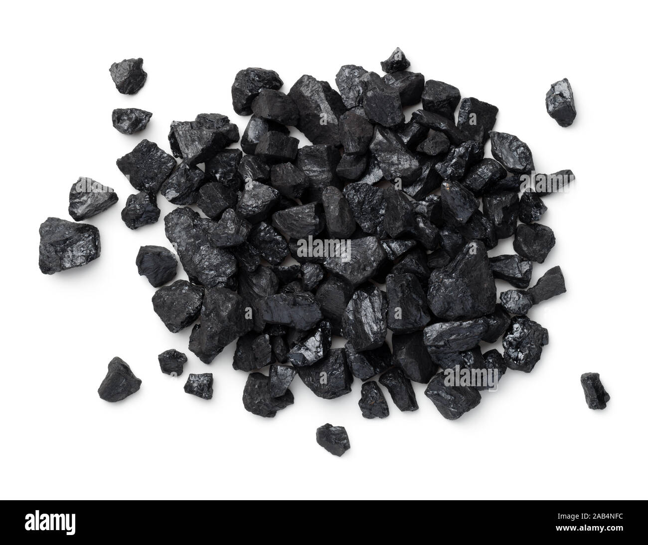 Black coal pile isolated on white background. Pea coal. Top view, flat ...