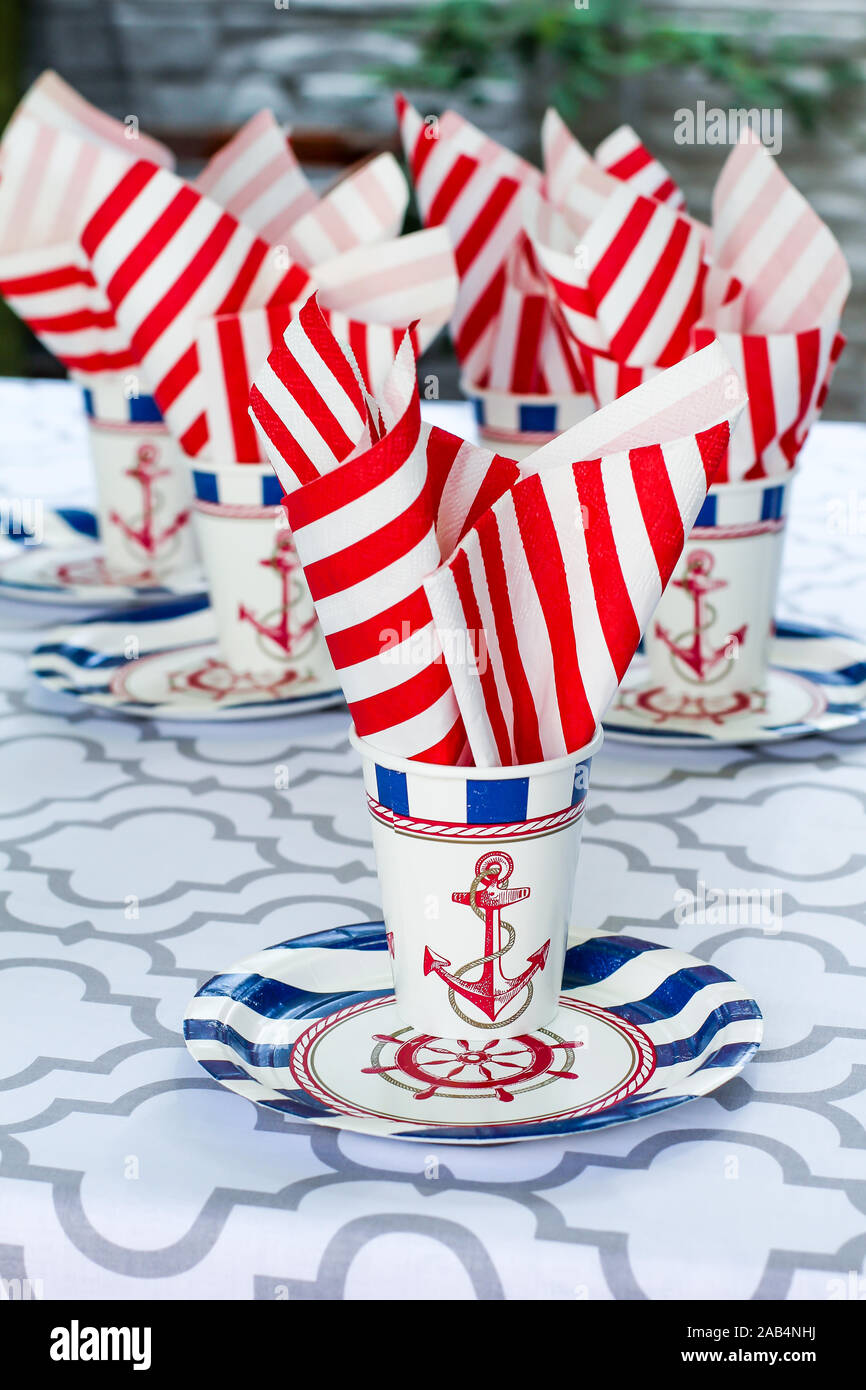 Table serving (setting) in a marine style. Sea decor. Festive table ...