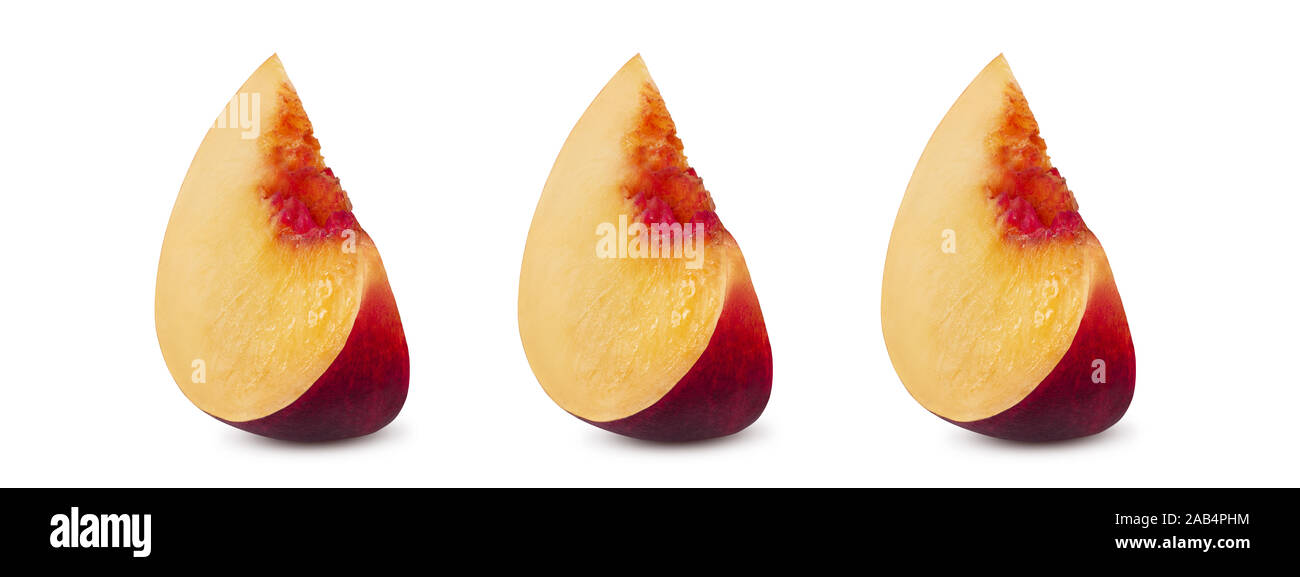 Three unpitted, smooth-skinned nectarine slices isolated on white ...