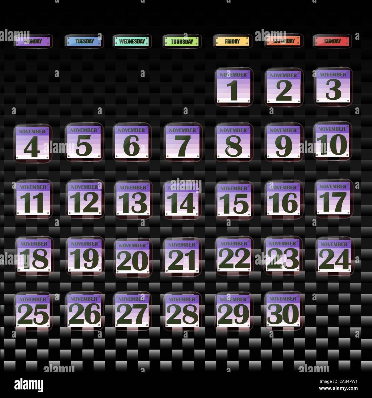 Set of buttons with calendar dates for the month of November. For ...