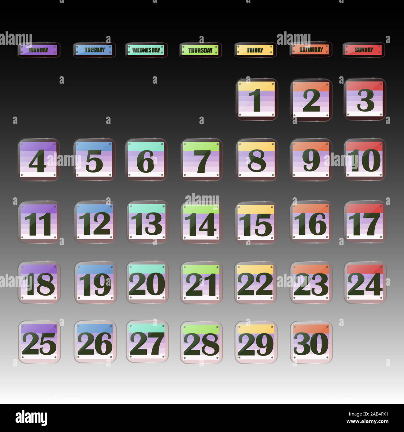 Set of buttons with calendar dates for the month of November. For ...