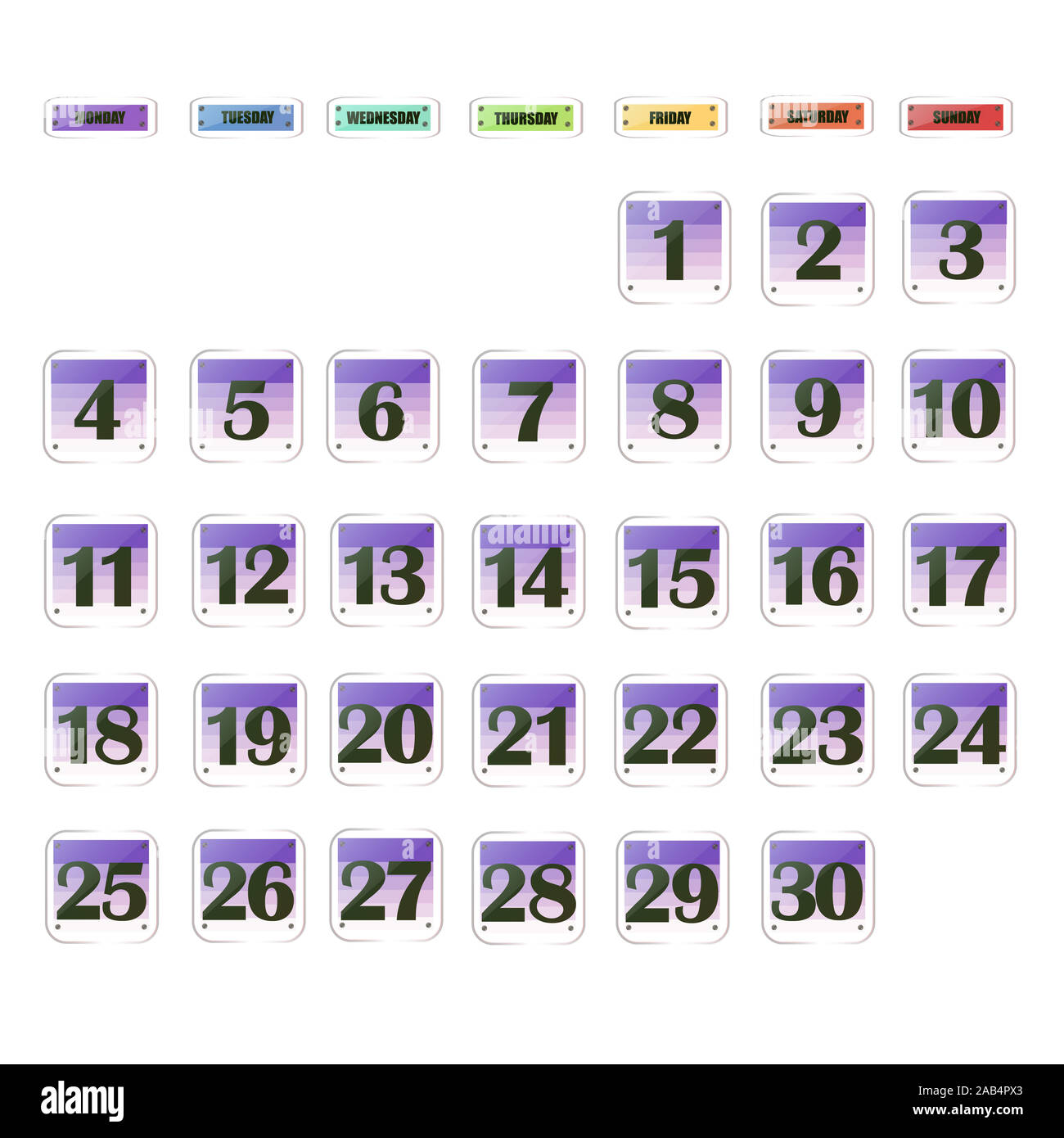 Set of buttons with calendar dates for the month of November. For ...