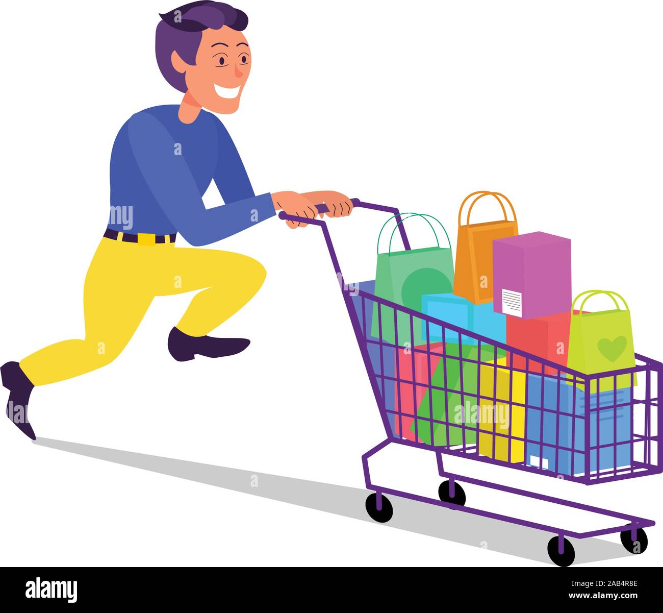 Caucasian adult man running with shopping cart full of purchases. Flat ...