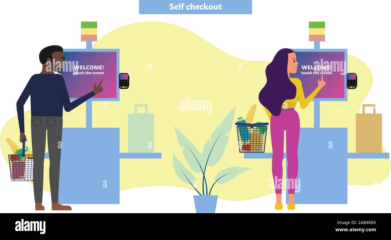 Female and male customers use self checkout counter in supermarket ... Female and male customers use self checkout counter in supermarket ...
