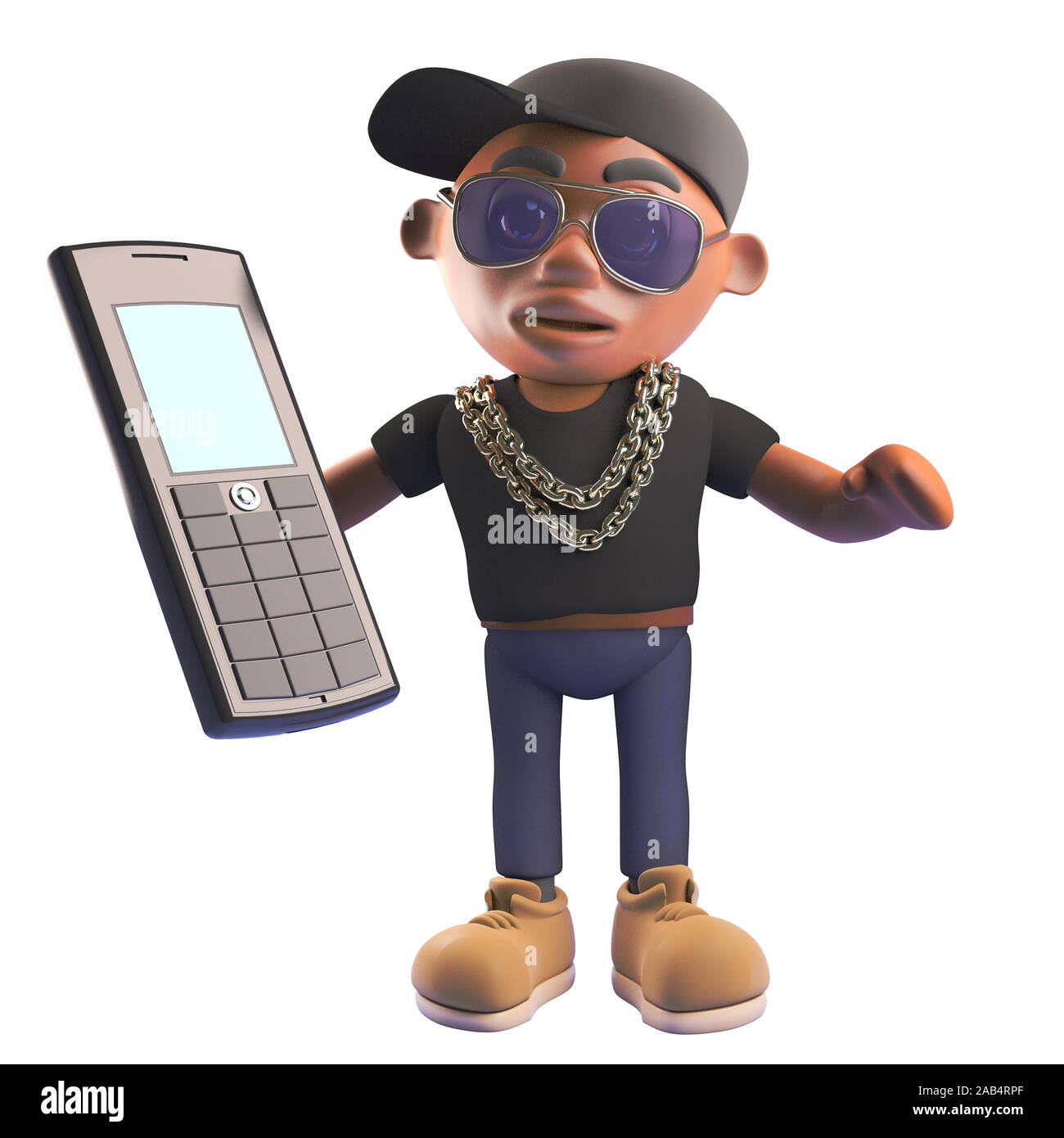 Cartoon 3d black hiphp rapper character in baseball cap holding an old ...