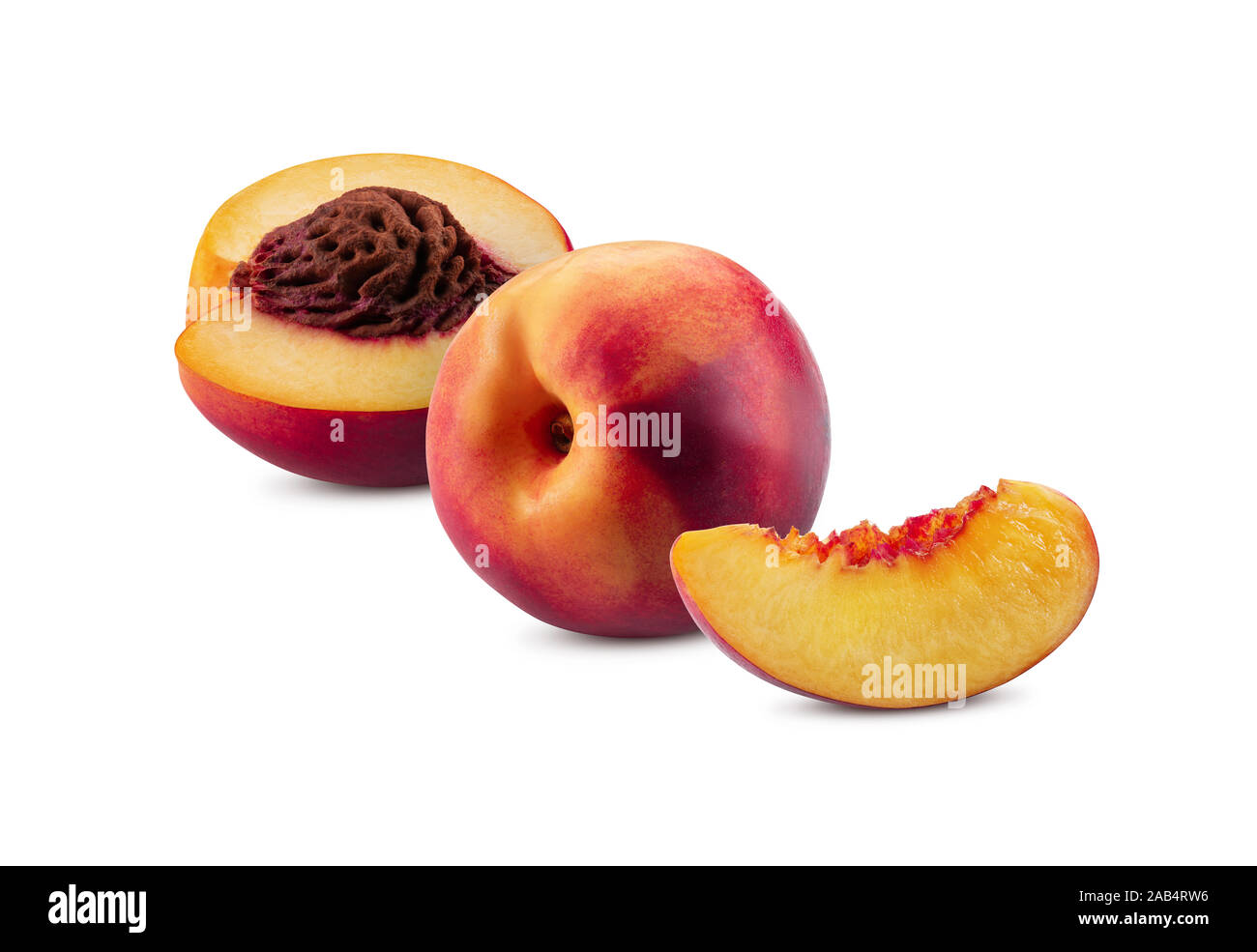 Smooth-skinned whole nectarine, one half with kernel and one unpitted ...