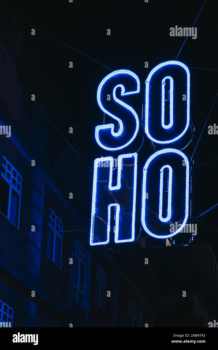 London, UK - November 17, 2019: Illuminated neon sign on a street in ...