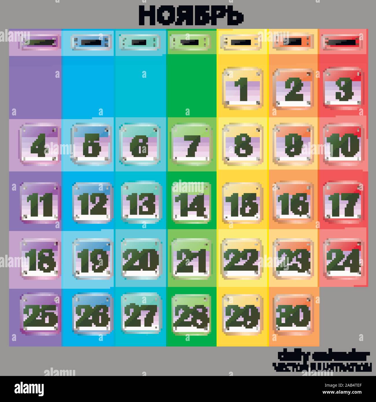 Colorful calendar for November 2019 in russian. Set of buttons with ...