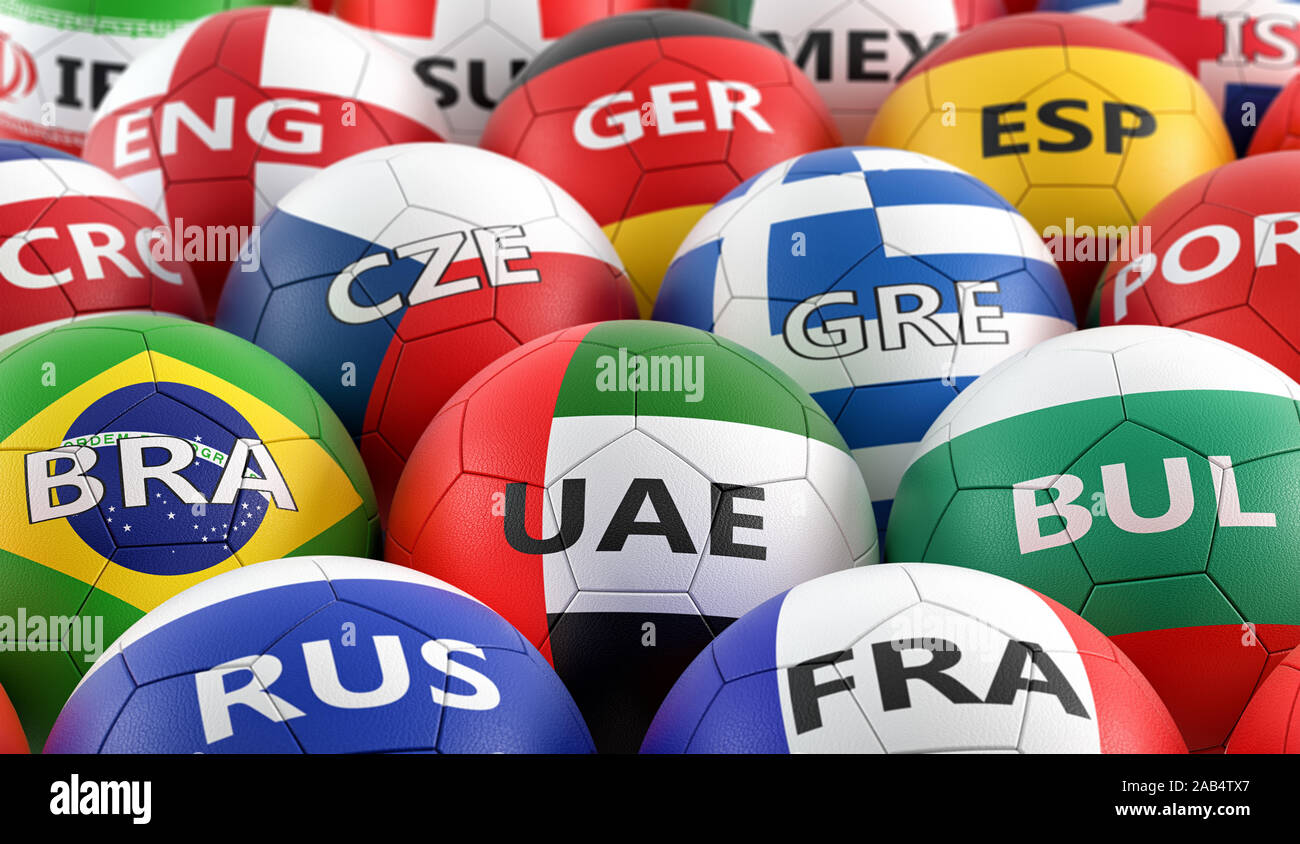 soccer balls colored in different national flag colors - 3D rendering ...