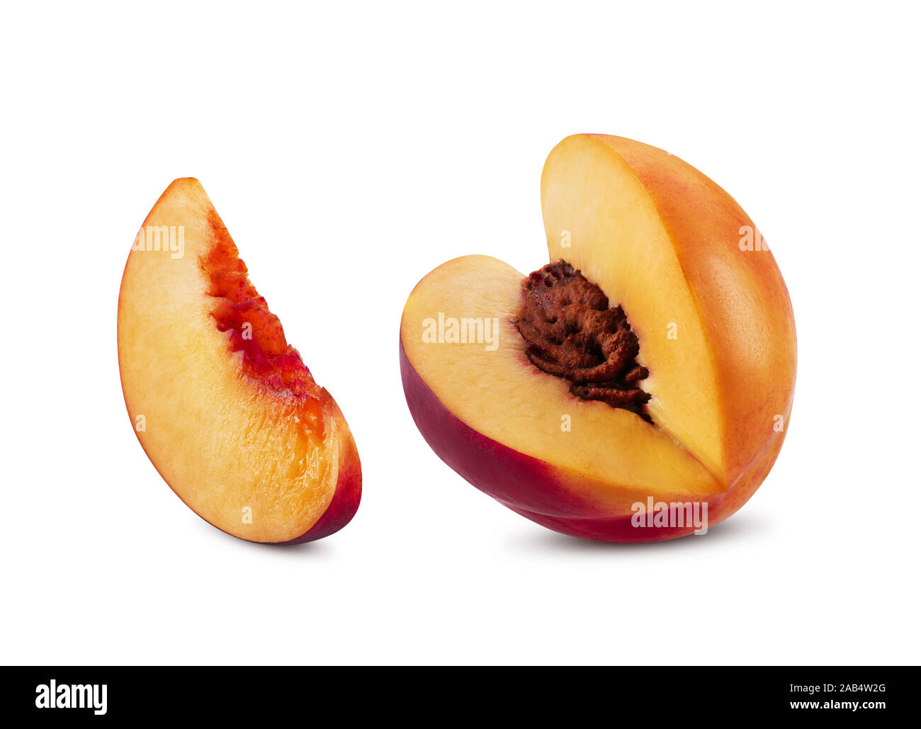 Smooth-skinned part of nectarine fruit with kernel and slice of ...