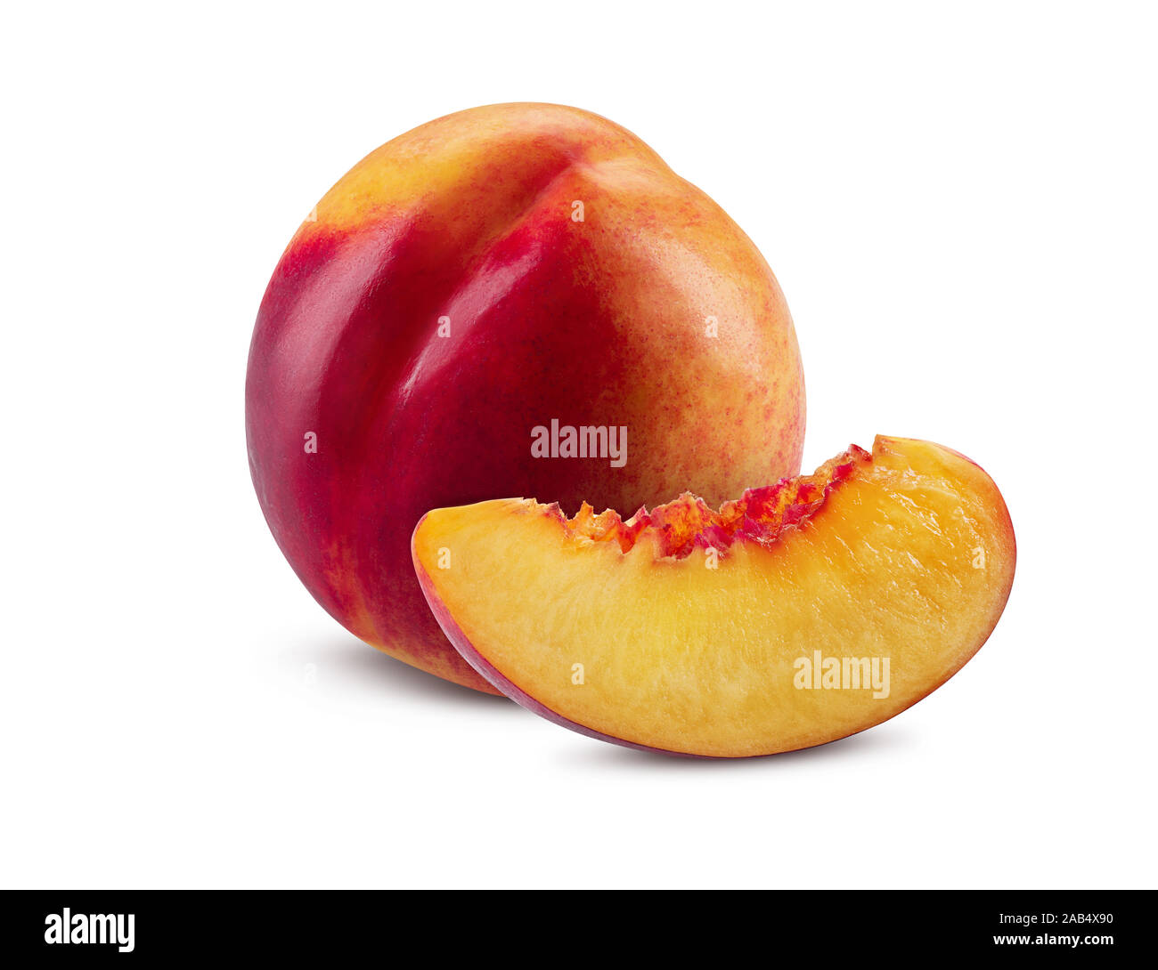 Smooth-skinned nectarine fruit and slice without kernel isolated on ...