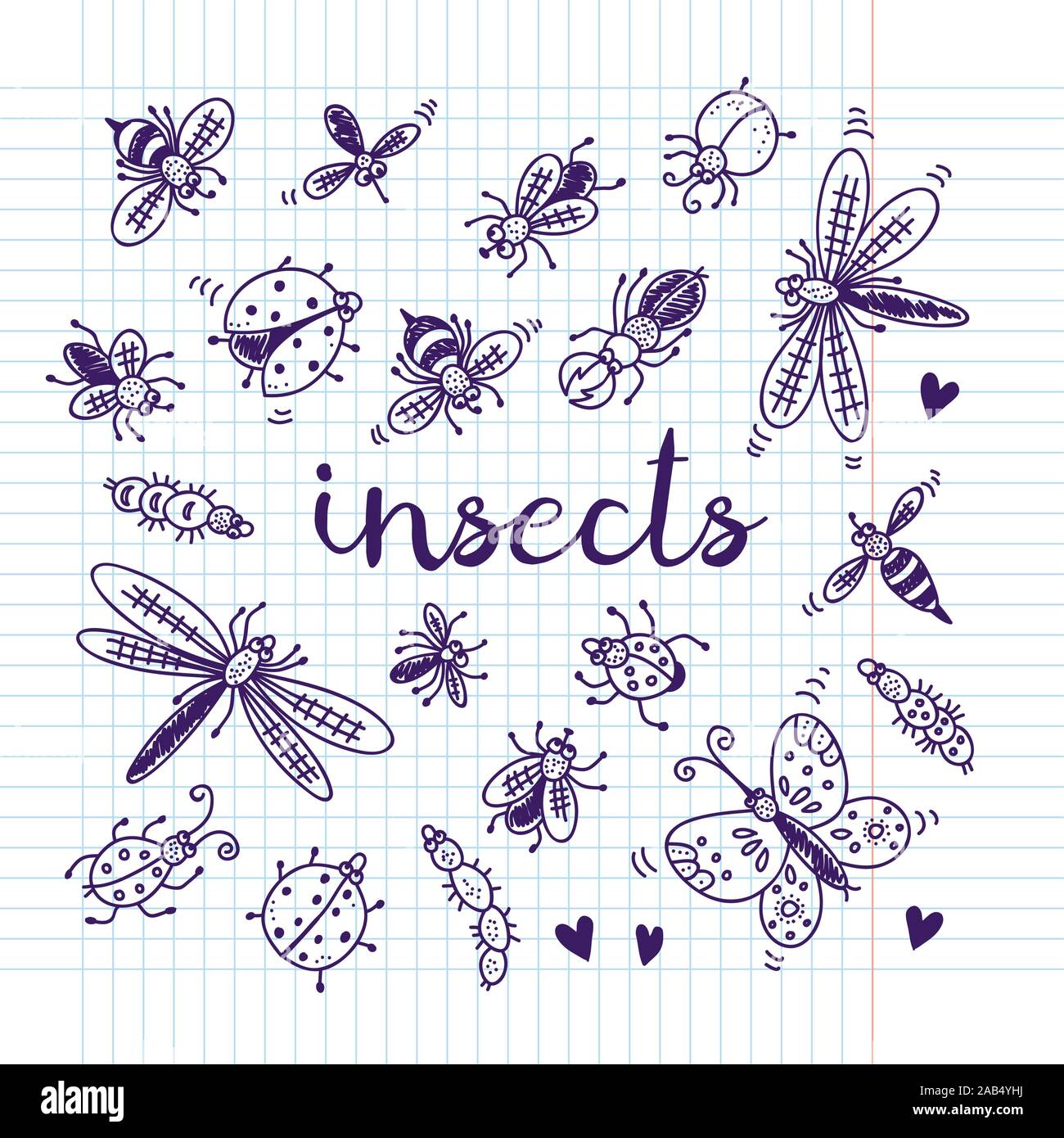Insects doodle set, vector collection on note background Stock Vector ...