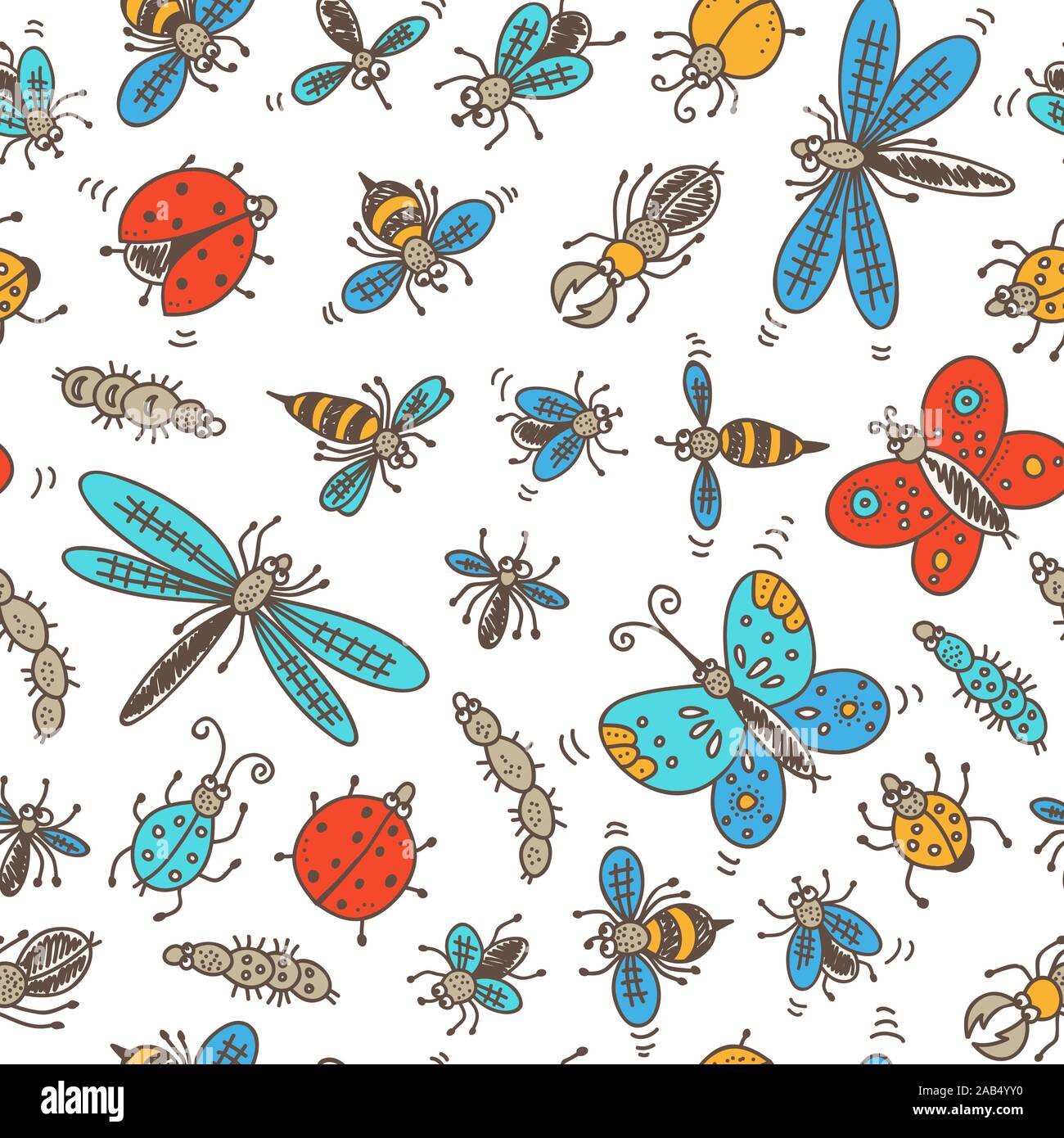Insects doodle seamless pattern, vector color background with bug, fly ...