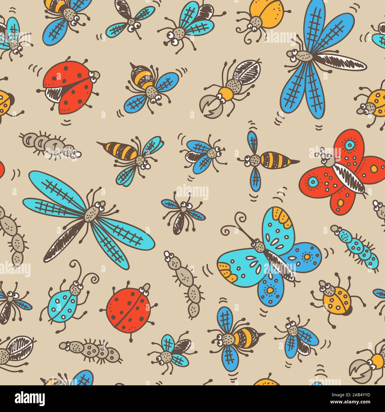 Insects doodle seamless pattern, vector color background with bug, fly ...
