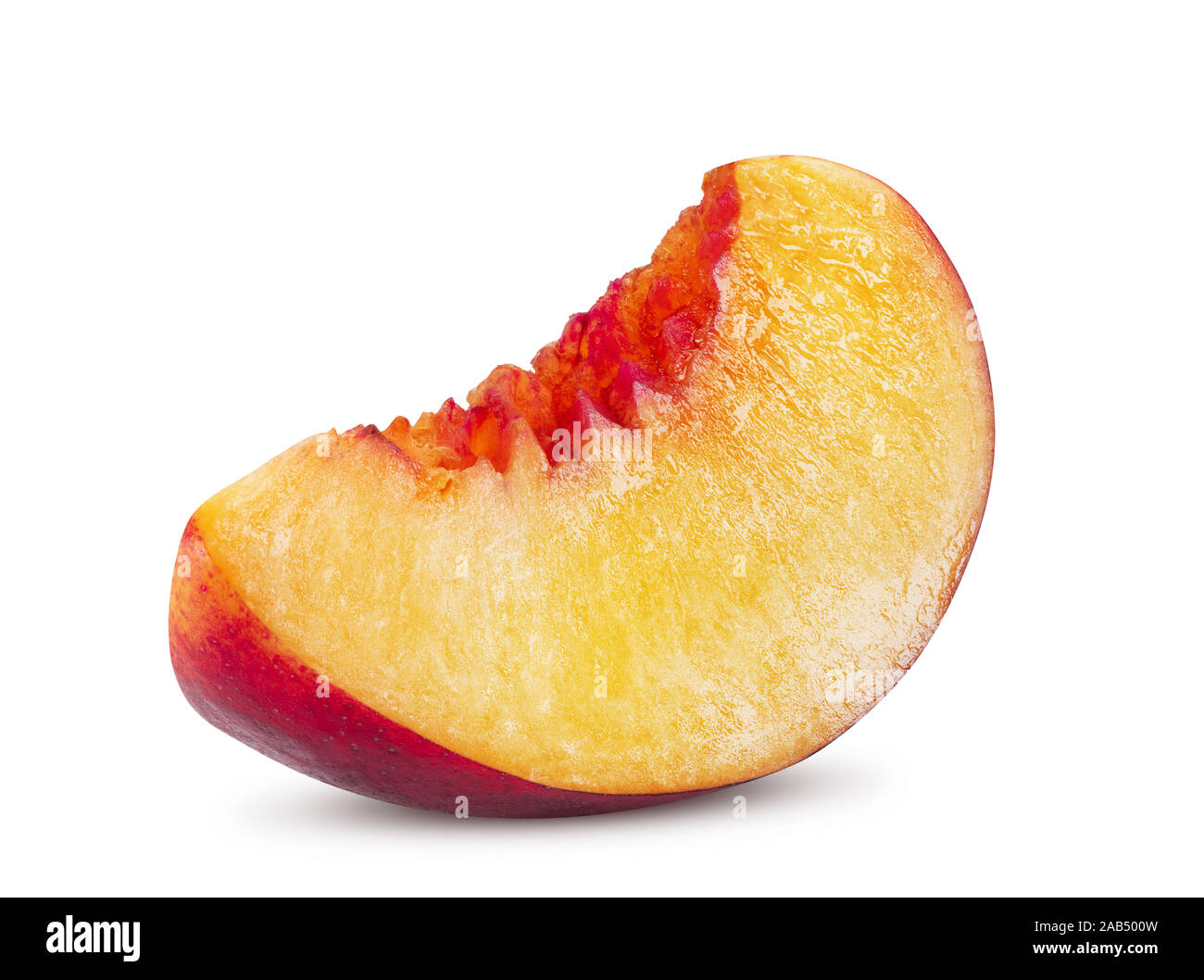 Unpitted, smooth-skinned nectarine fruit slice isolated on white ...