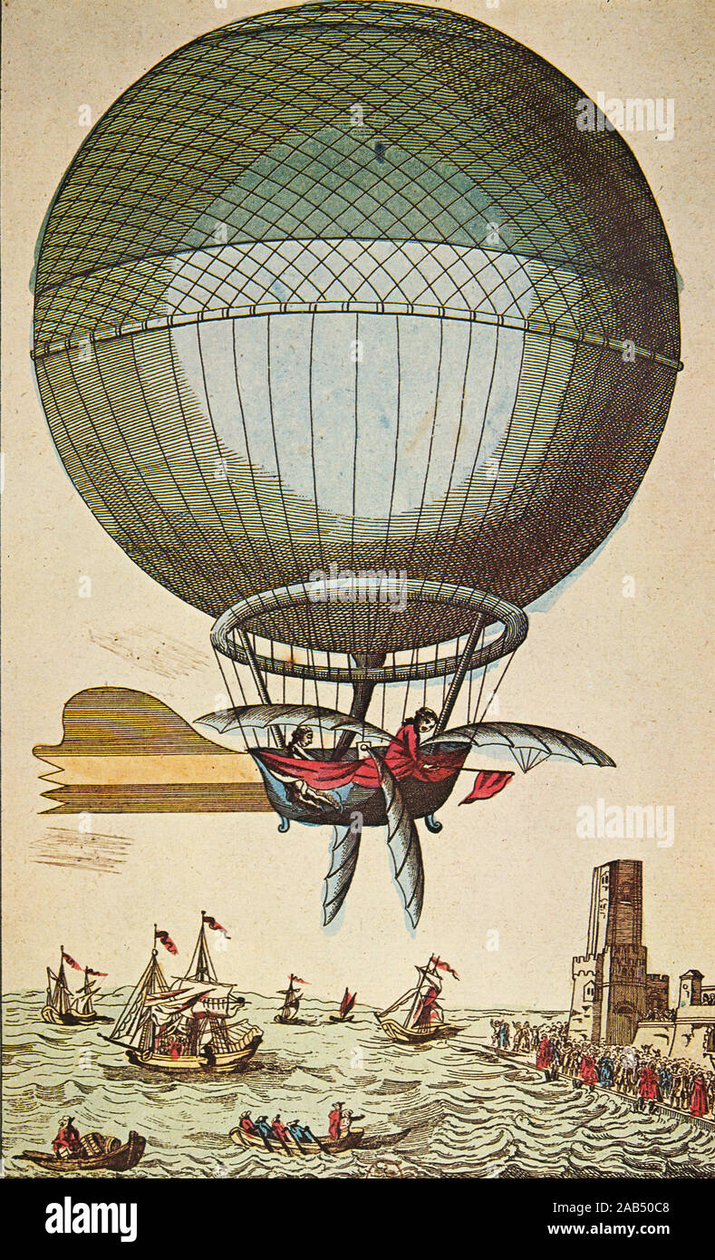 Engraving , First crossing of the Channel in hot air balloon by ...