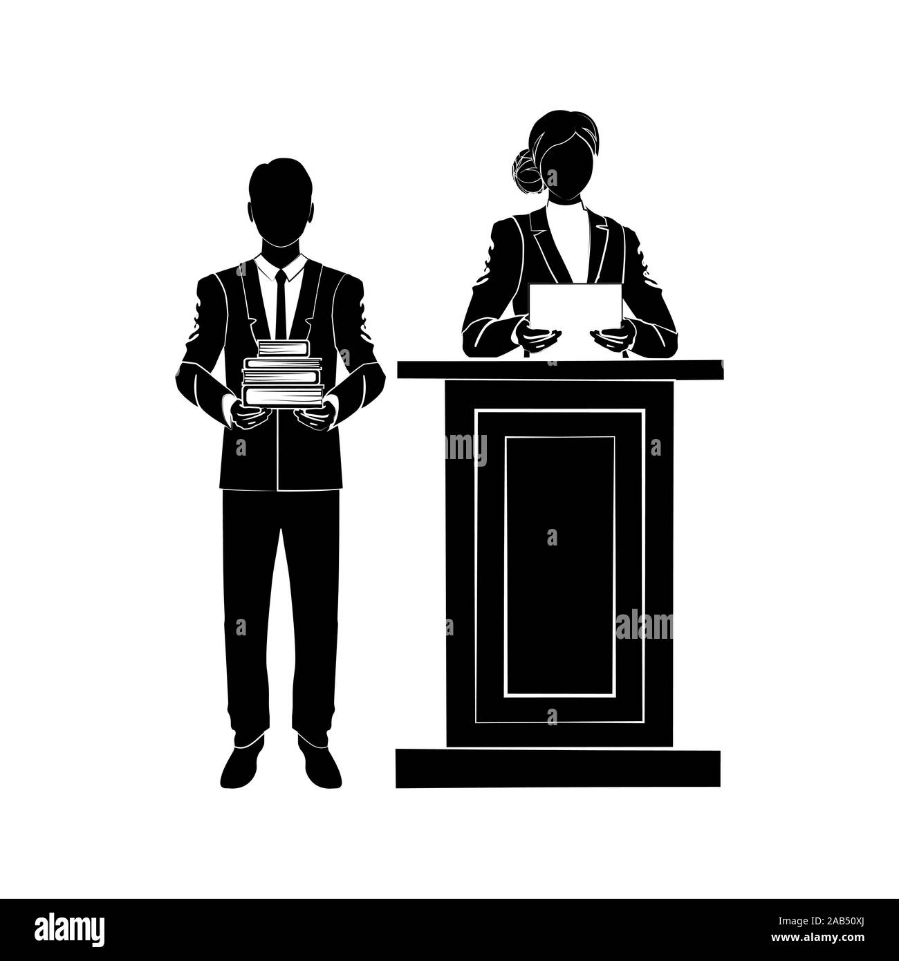 Business woman standing behind pulpit and reading news for audience ...