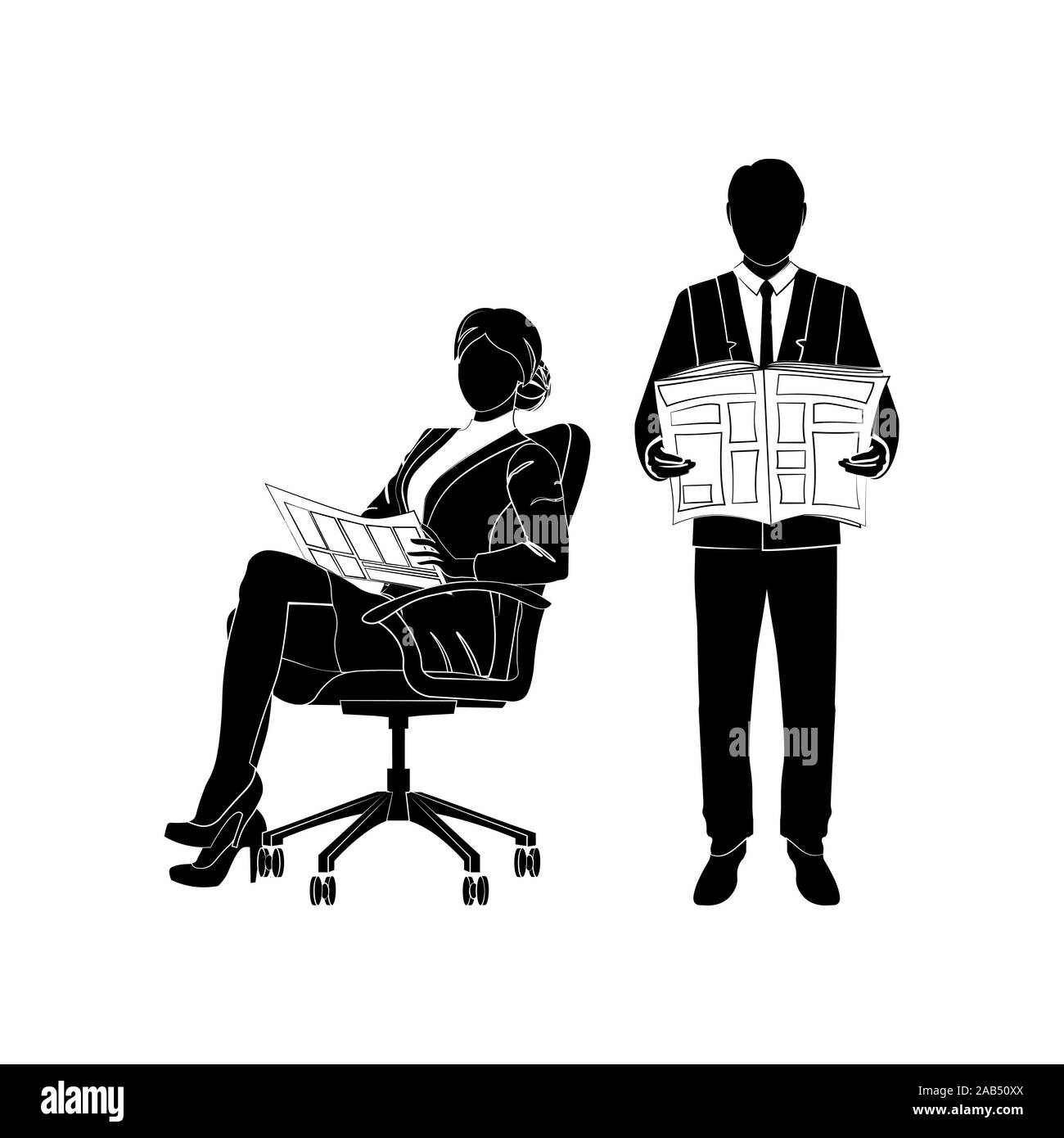 Business woman, manager in an office chair reading a newspaper vector ...