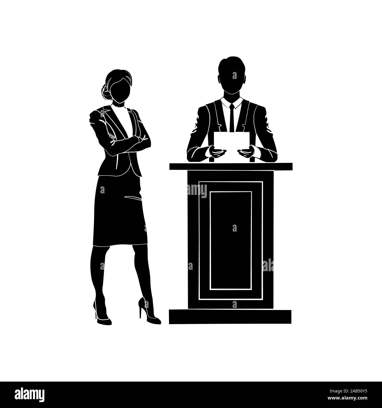 Business man standing behind pulpit and reading news for audience ...